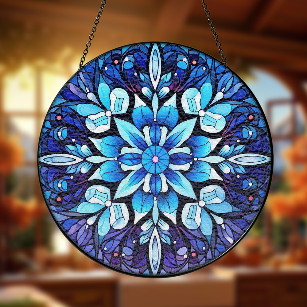 Blue Snowflake Frozen Floral Mandala Round Stained Glass Suncatcher