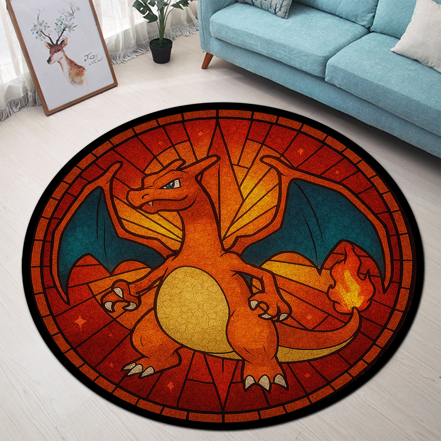 Charizard Dragon Stained Glass Round Rug