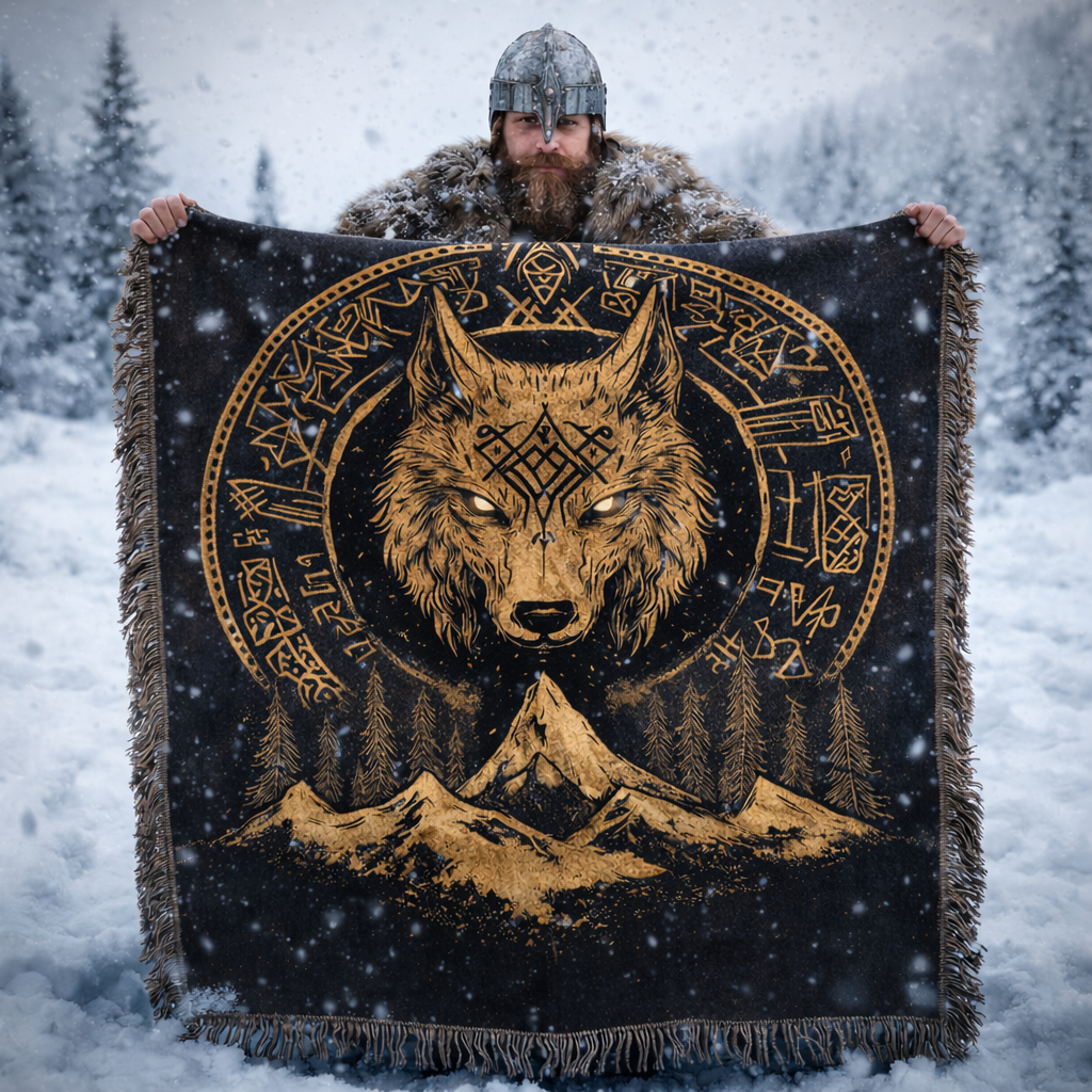 Golden Fenrir Nordic Viking Woven Throw Blanket