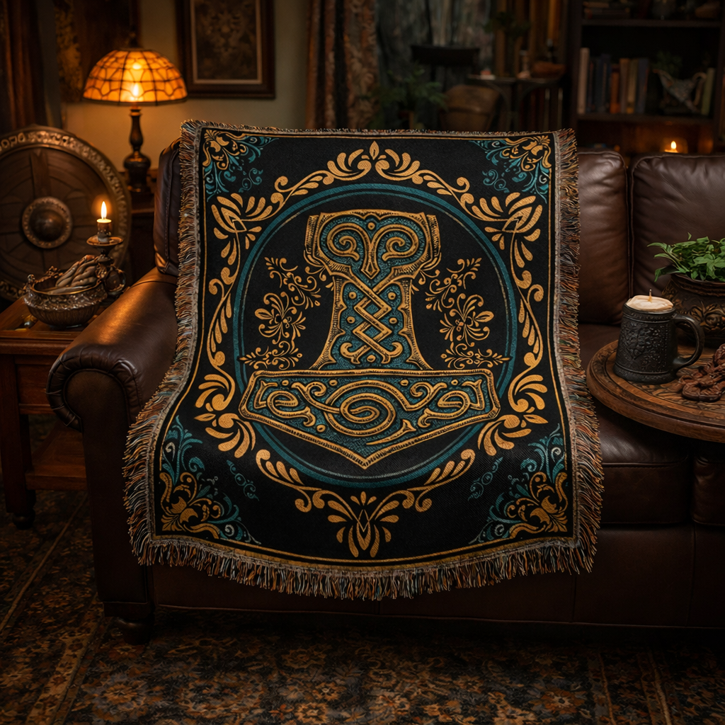 Thor Hammer Mjolnir Viking Woven Throw Blanket