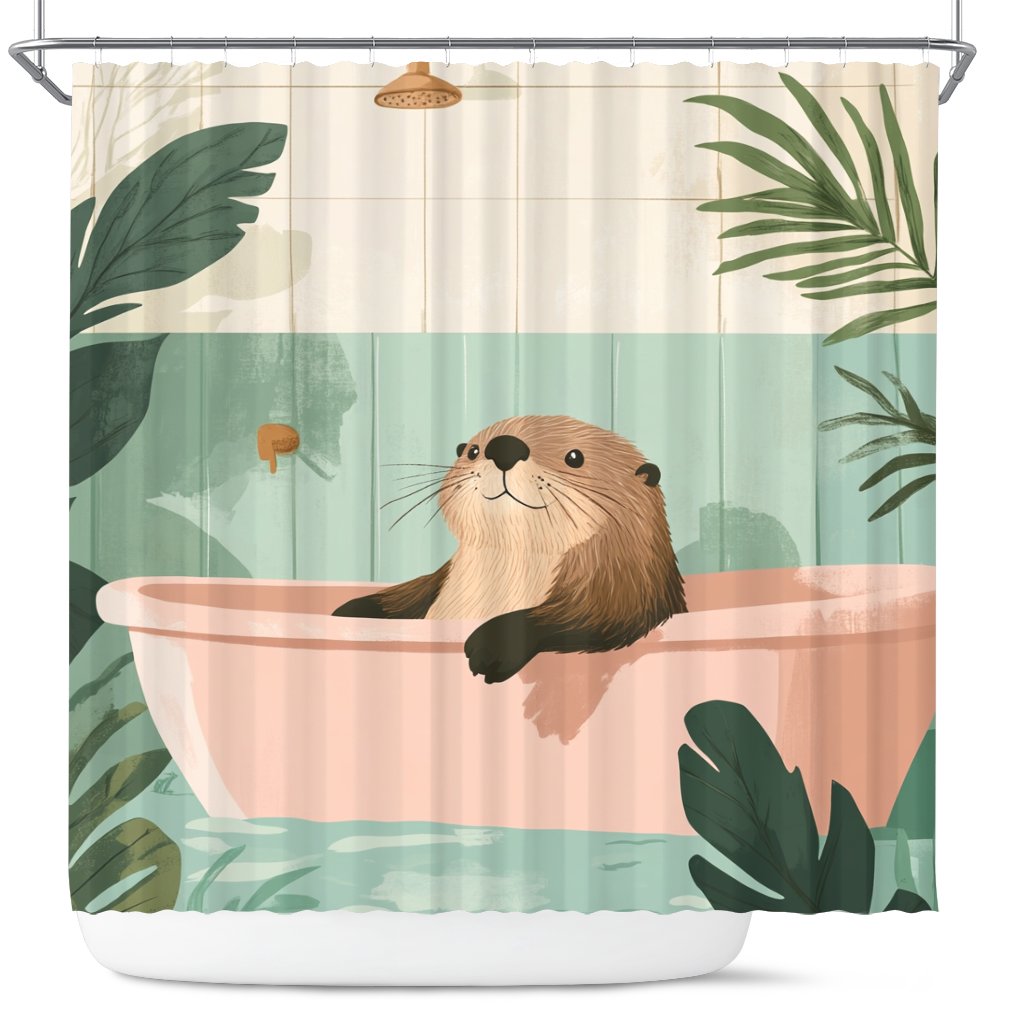 Cute Sea Otter Chill In A Bathtub In A Pink And Gree Shower Curtain