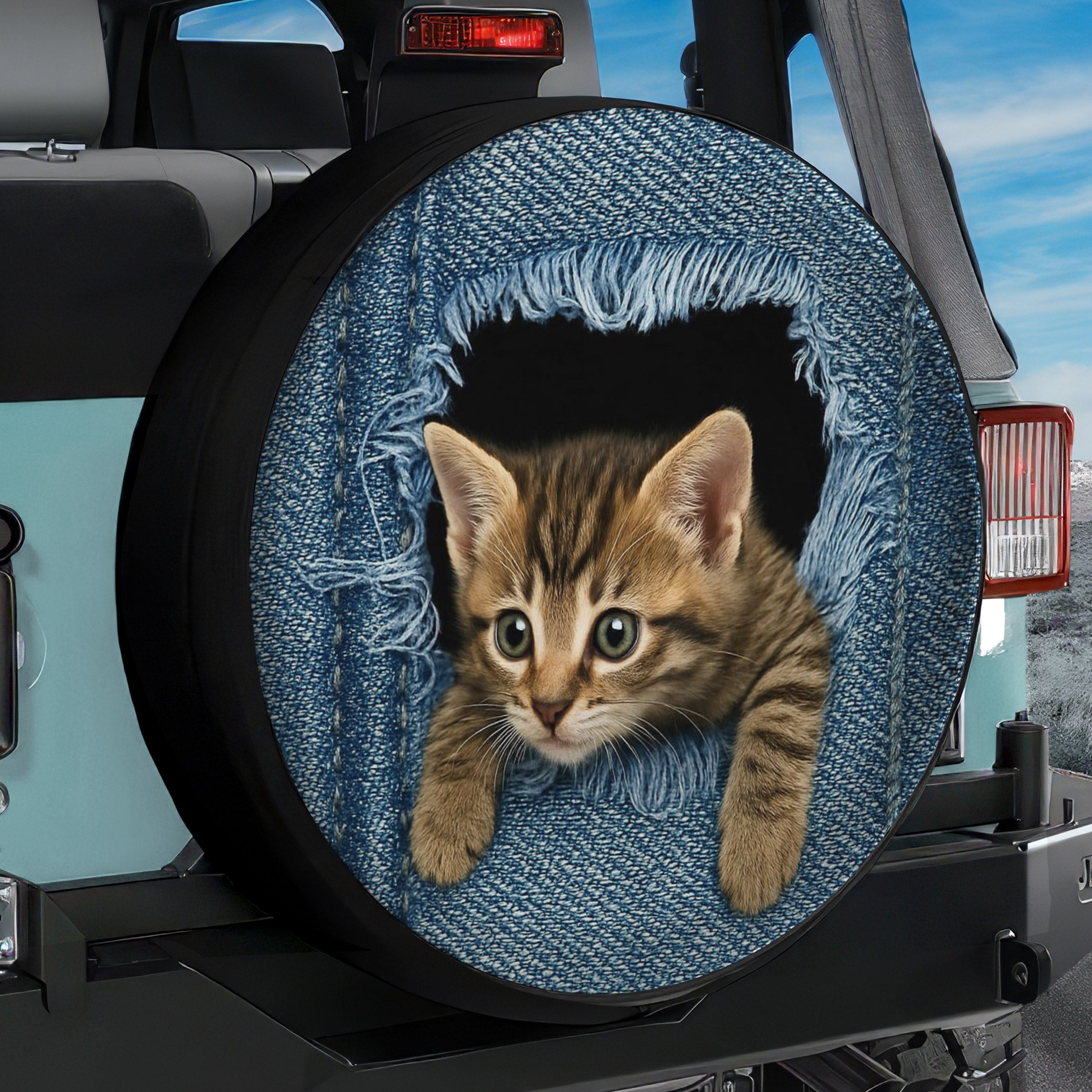 Peek-a-Boo Kitten in Denim Jeep Car Spare Tire Cover