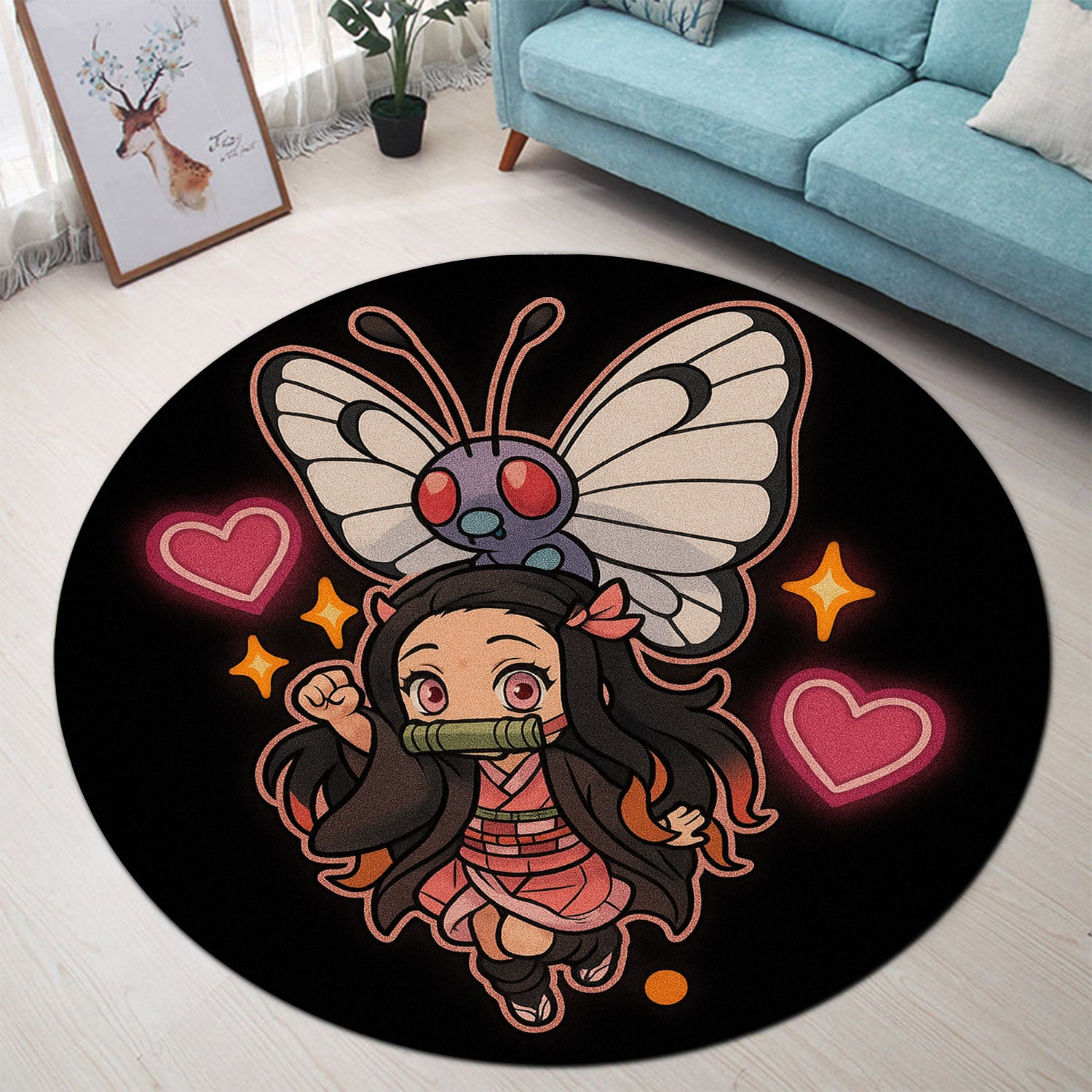 Butterfree x Chibi Nezuko Demon Slayer Round Rug