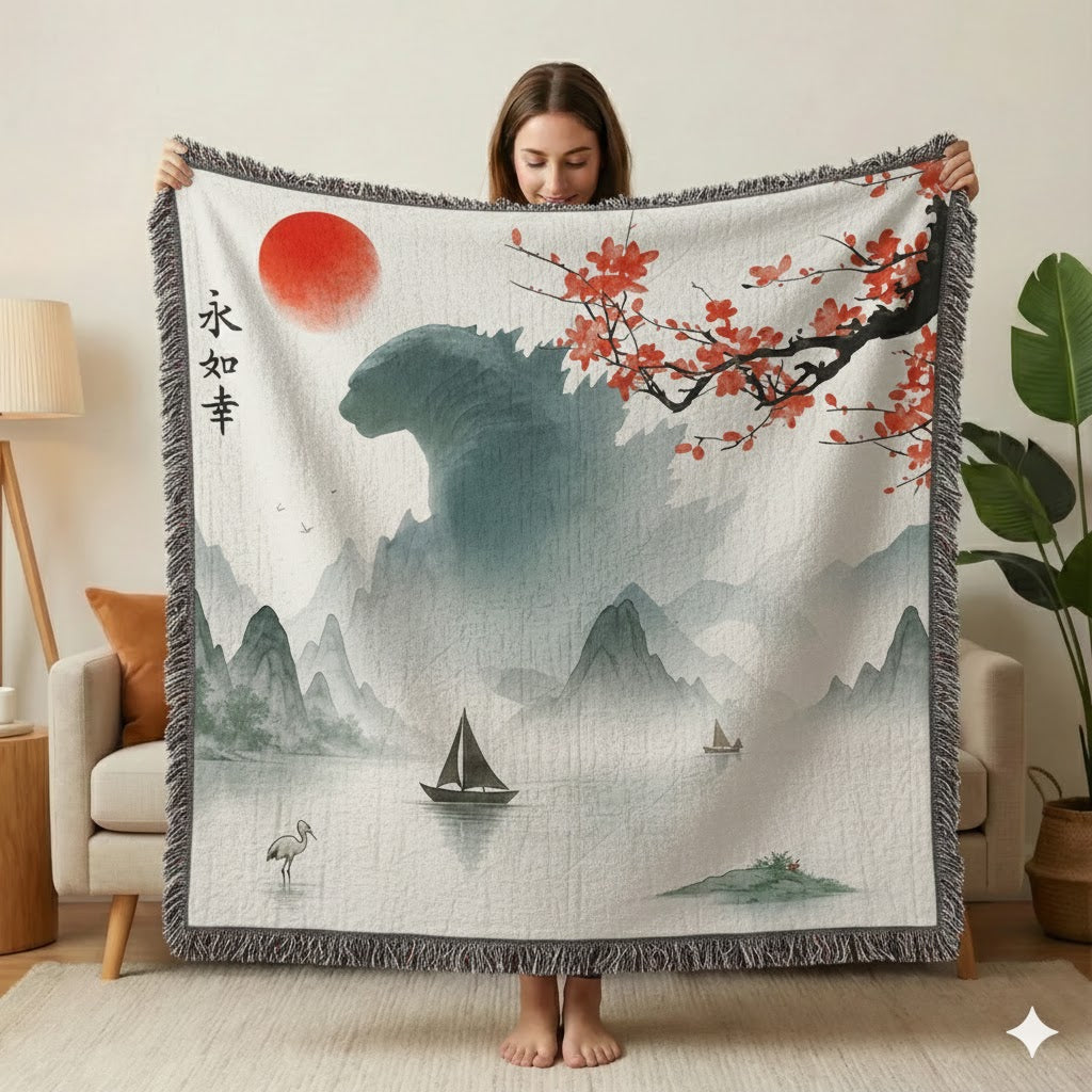 Godzilla in the Japan Landscape Woven Throw Blanket