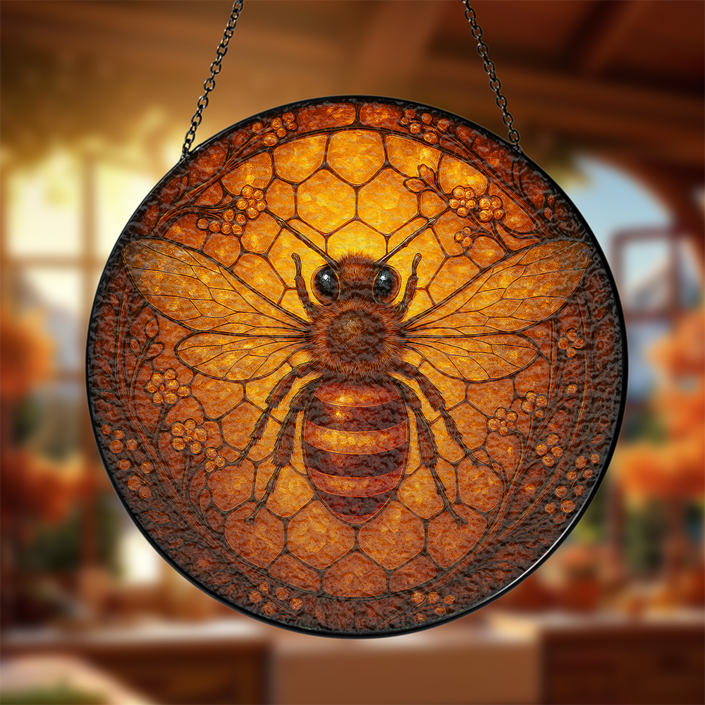 Honey Bee Round Stained Glass Suncatcher