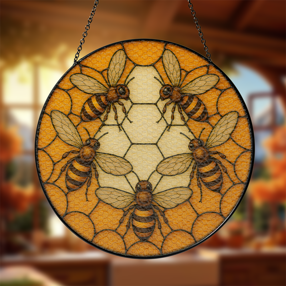 Honey Beehive Round Stained Glass Suncatcher