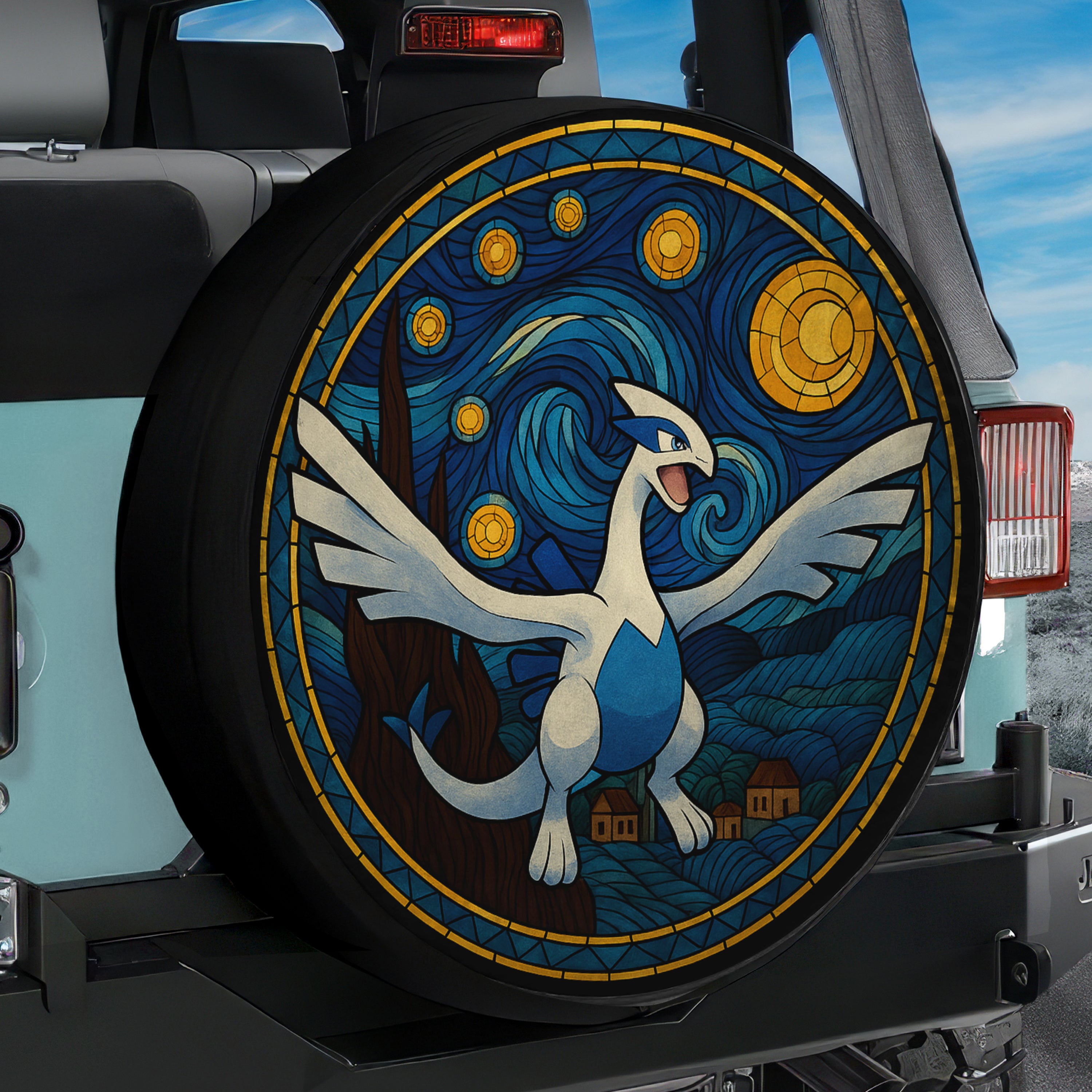 Lugia Starry Night Pokemon Stained Glass Jeep Car Spare Tire Cover