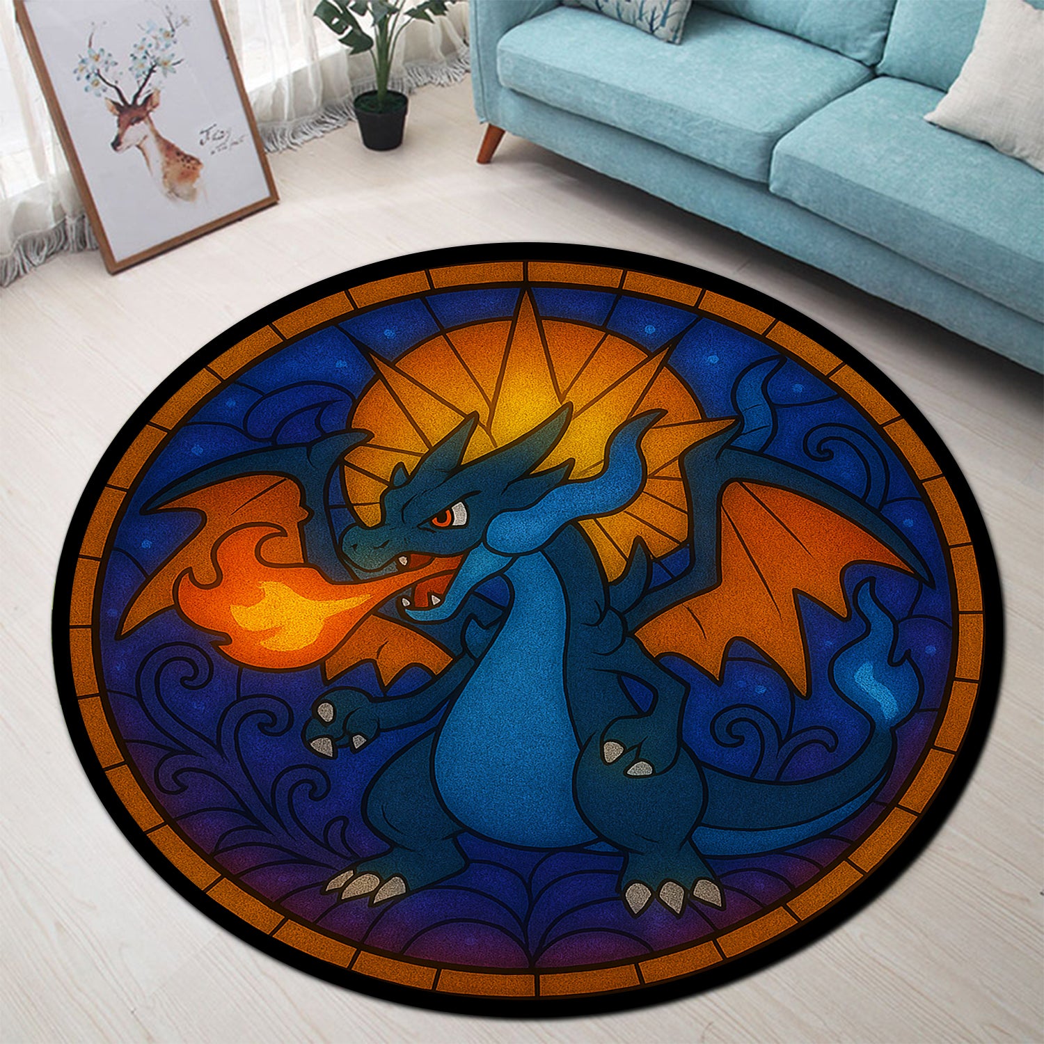 Mega Charizard X Sun Stained Glass Round Rug