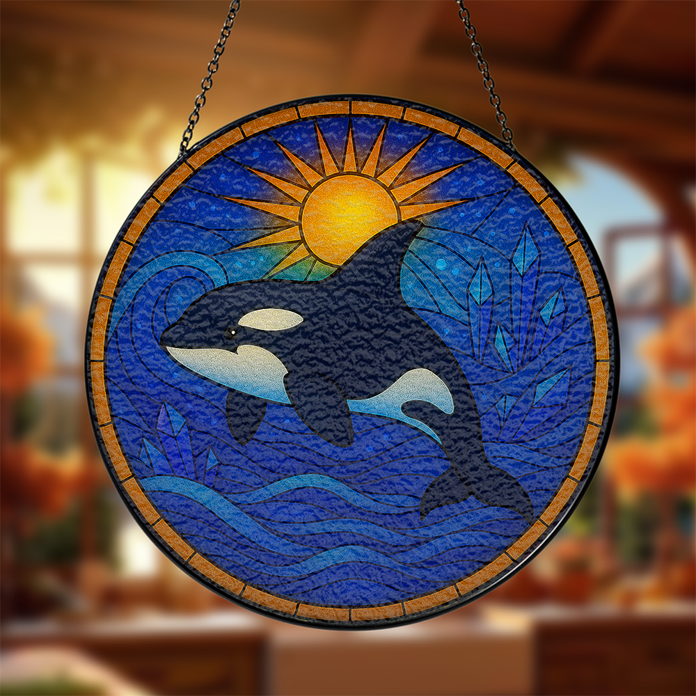 Orca Killer Whale Stained Glass Window Hanging Panel Suncatcher