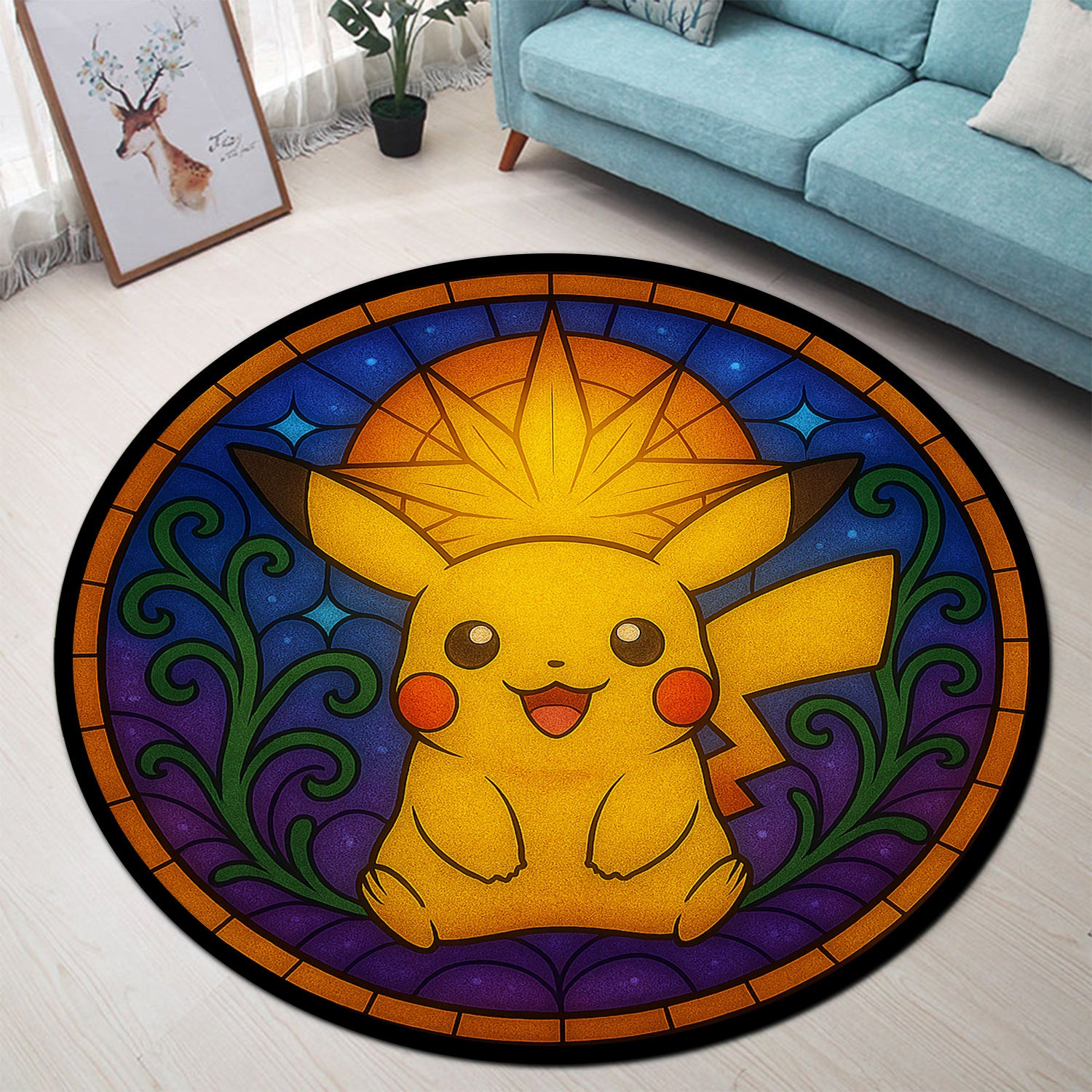 Pikachu Sun Stained Glass Round Rug
