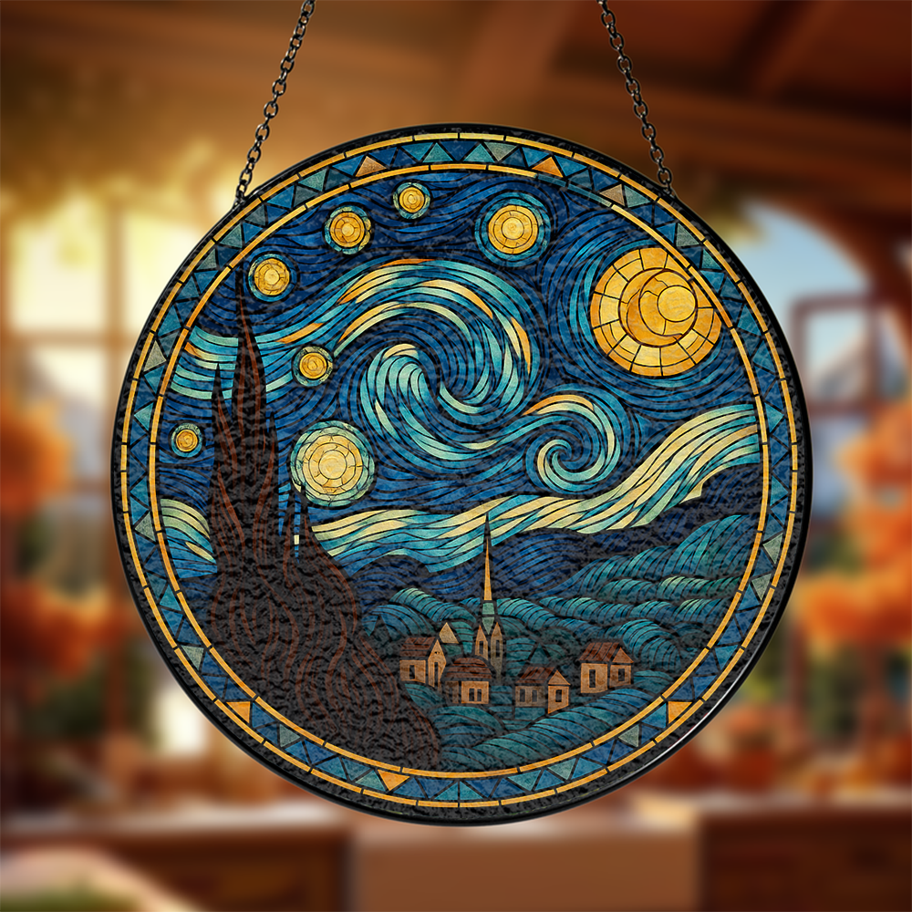 Starry Night Stained Glass Window Hanging Panel Suncatcher