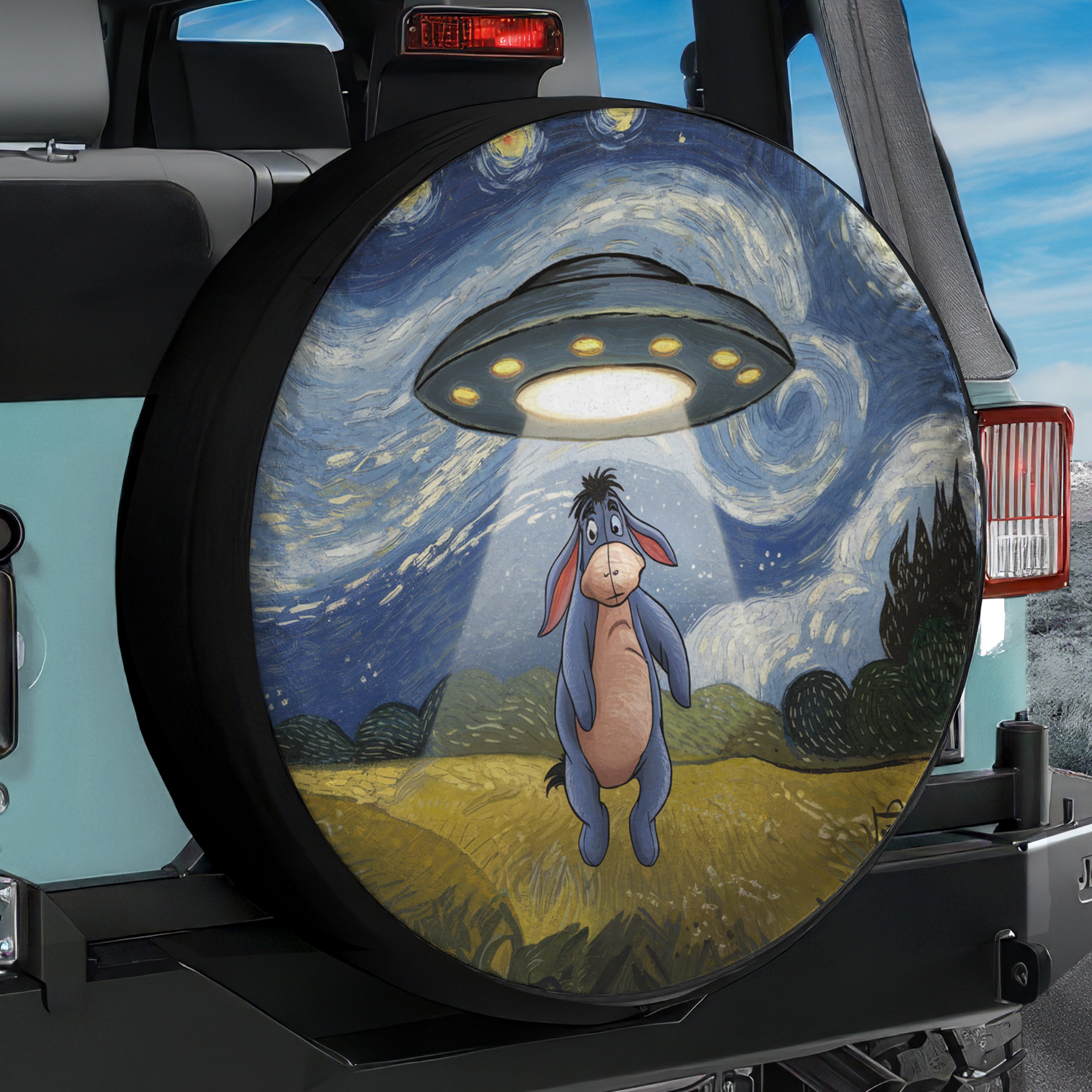 UFO Abducting Eeyore In Starry Night Jeep Car Spare Tire Cover