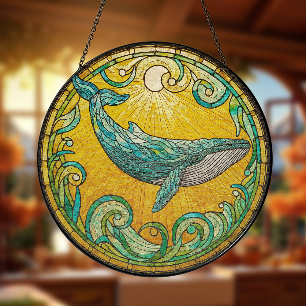 Blue Whale Stained Glass Window Hanging Panel Suncatcher