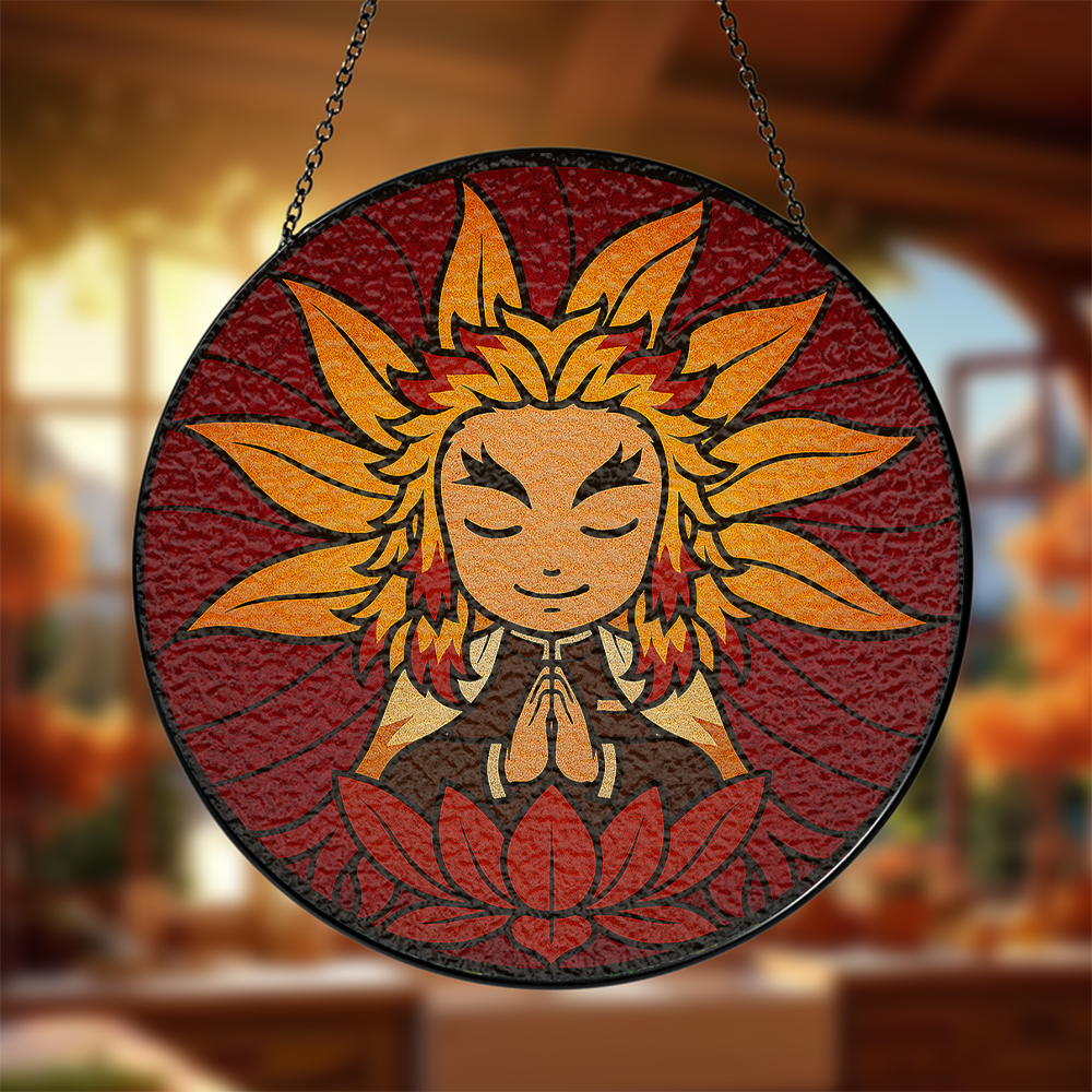Yoga Meditation Mandala Rengoku Kyojuro Demon Slayer Stained Glass Sun