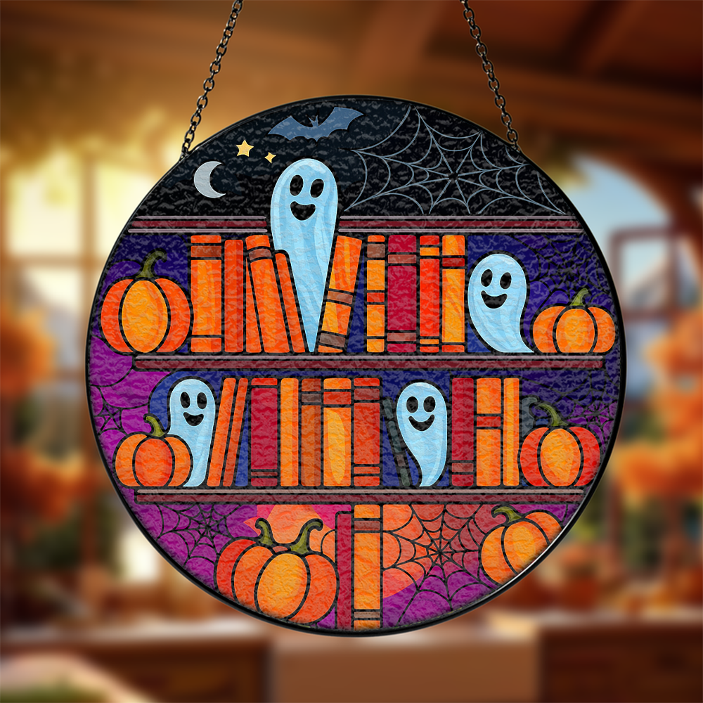Ghost Halloween Book Stained Glass Suncatcher