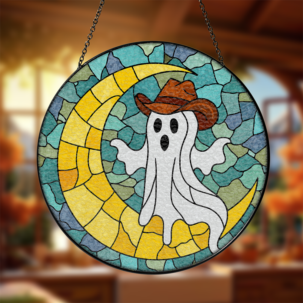 Cowboy Moon Ghost Stained Glass Window Hanging Panel Suncatcher