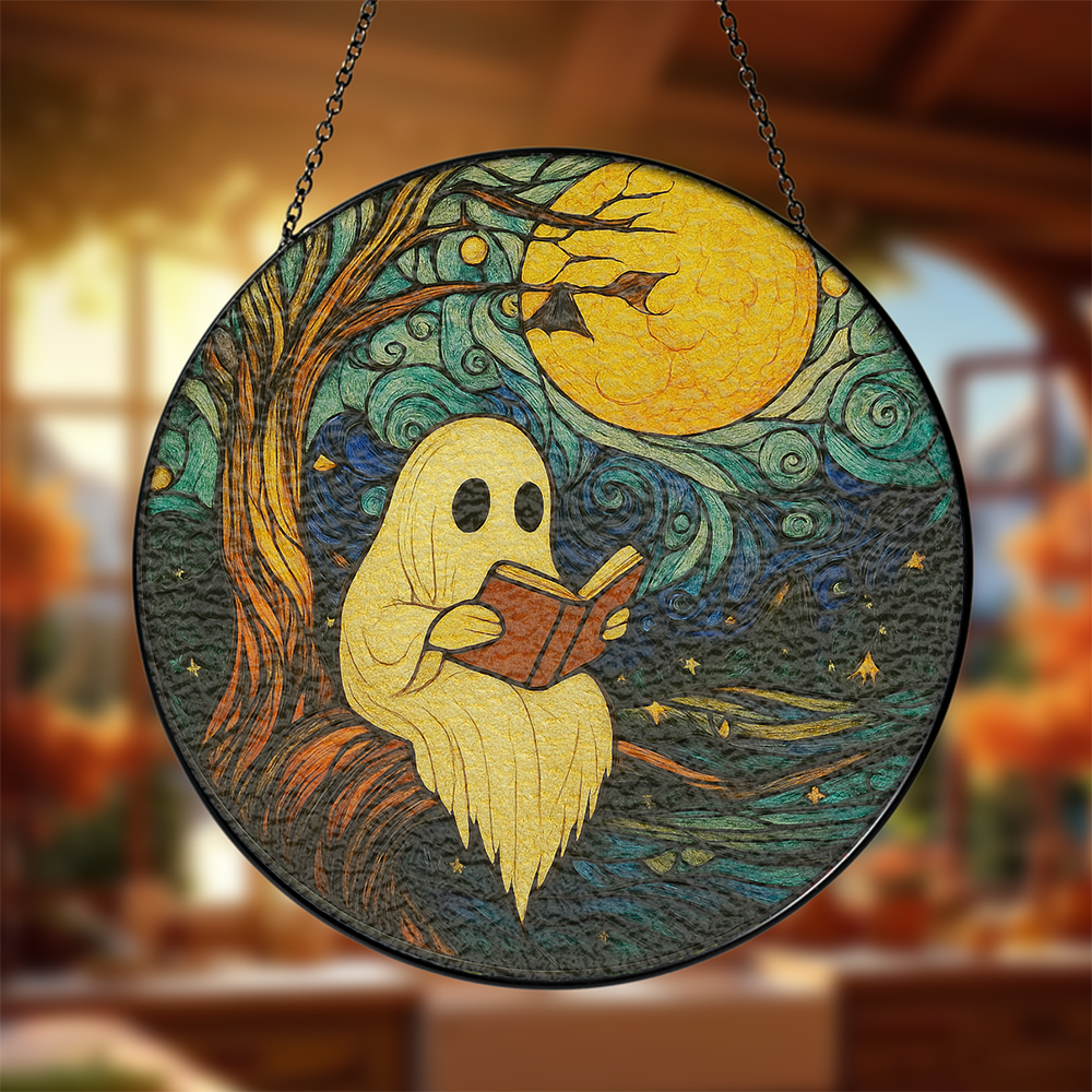Ghost Read Book Under Starry Night Stained Glass Suncatcher