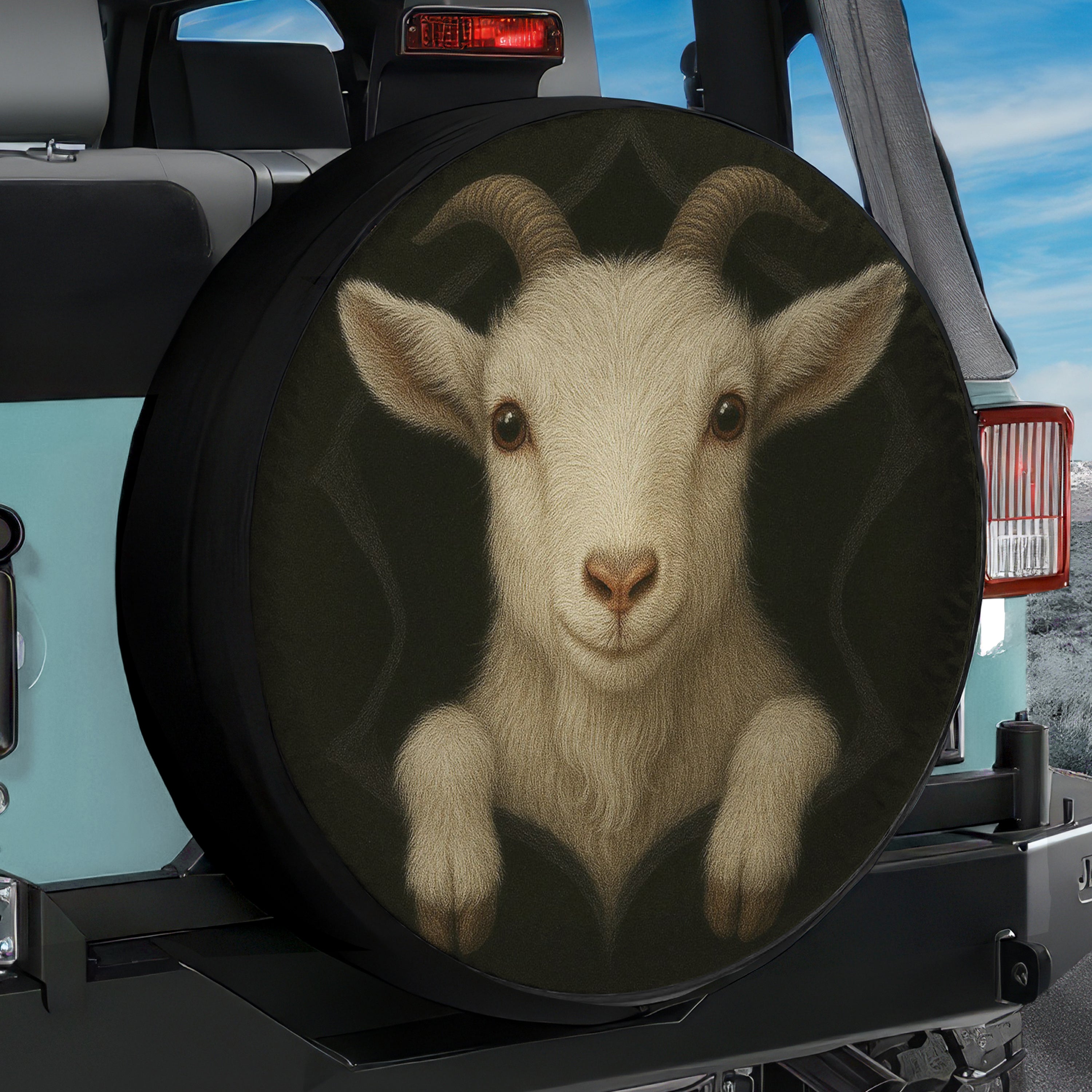 Goat In A Torn Fabric Jeep Car Spare Tire Cover