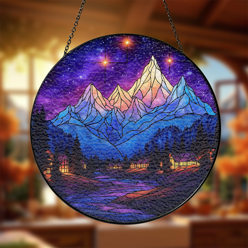 Mountain Galaxy Landscape Stained Glass Suncatcher