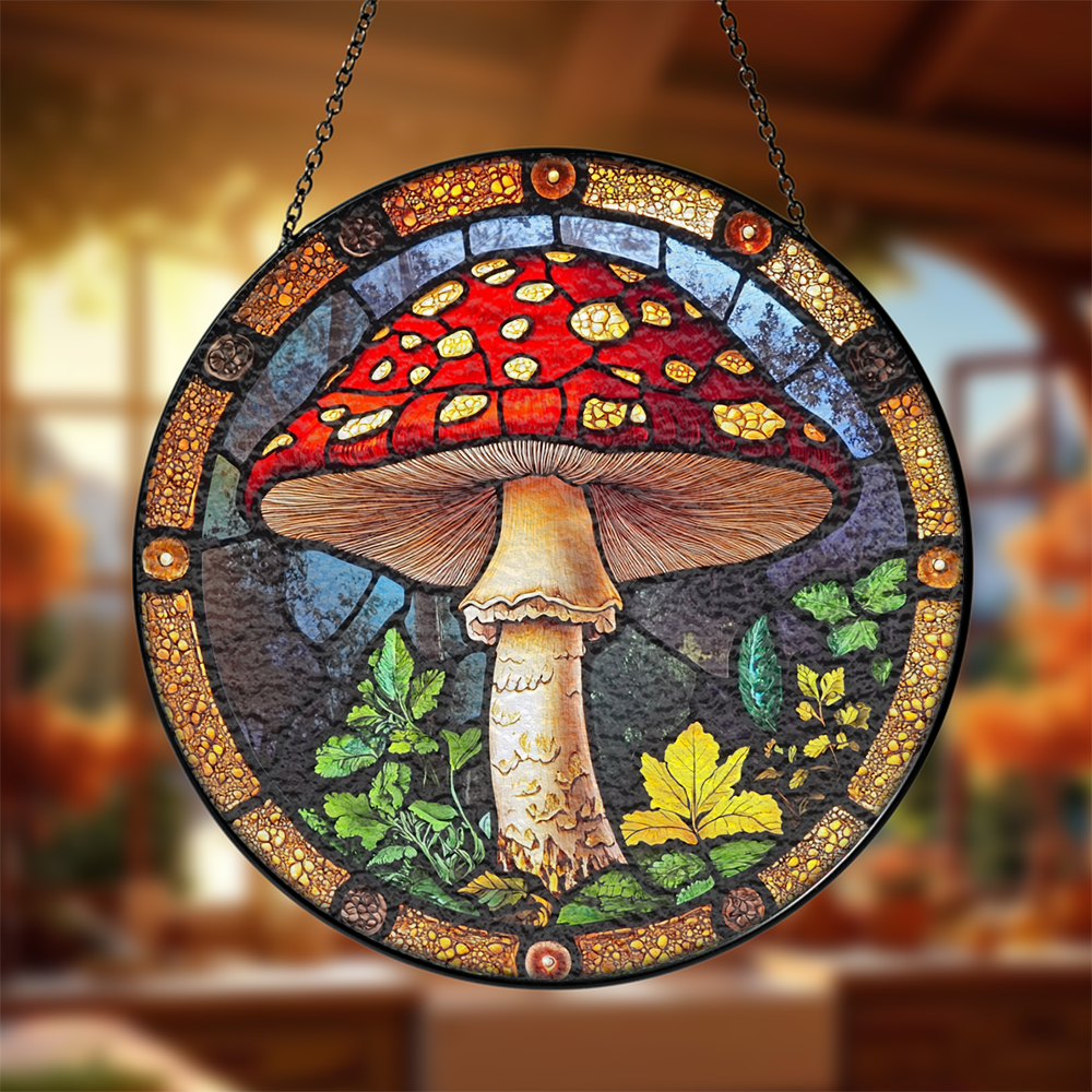 Mushroom Colorfull Round Stained Glass Suncatcher
