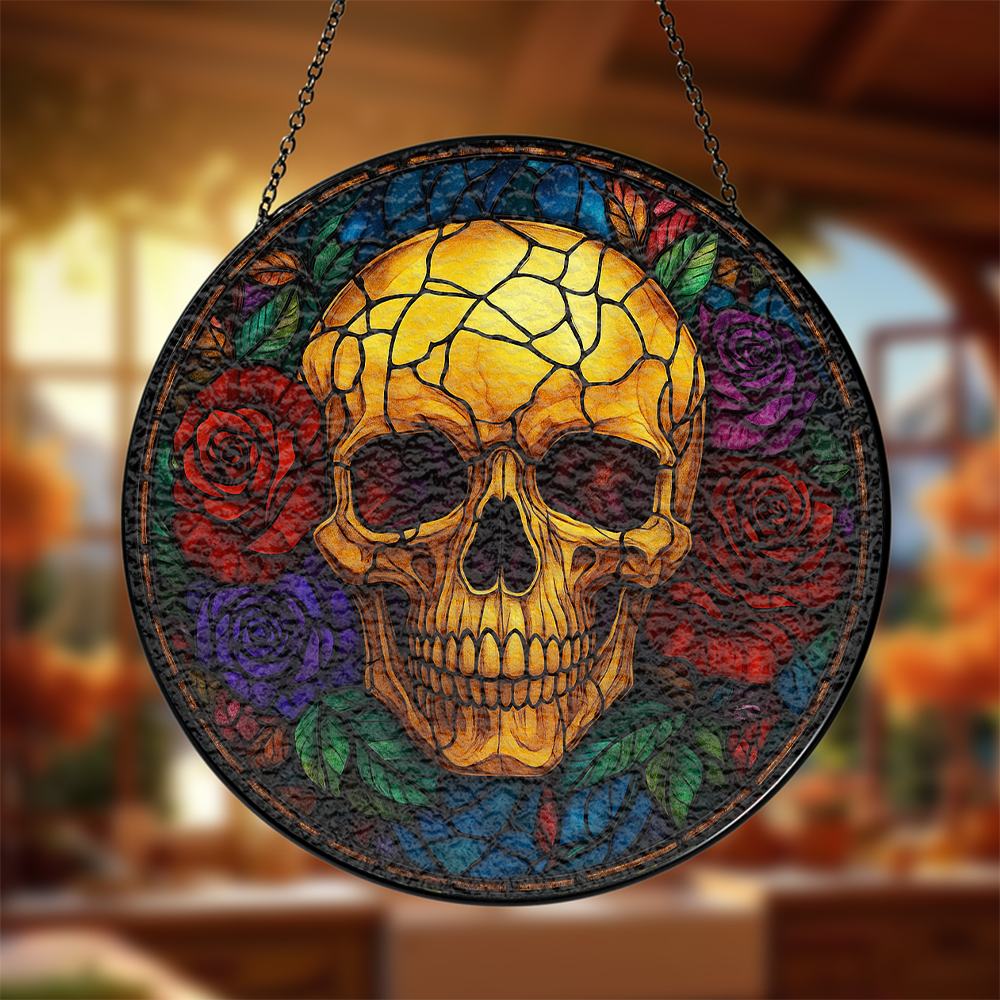 Skull Rose Stained Glass Window Hanging Panel Suncatcher