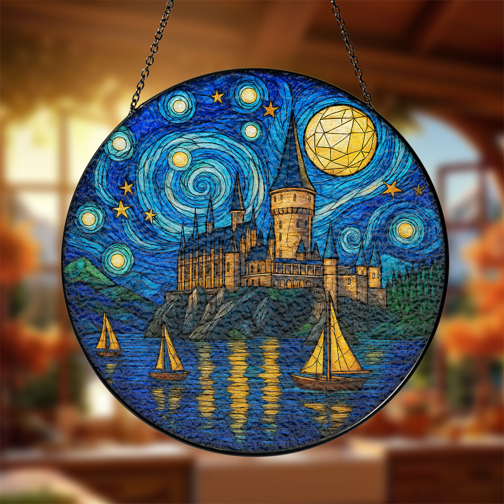 Starry Night Castle Stained Glass Window Hanging Panel Suncatcher