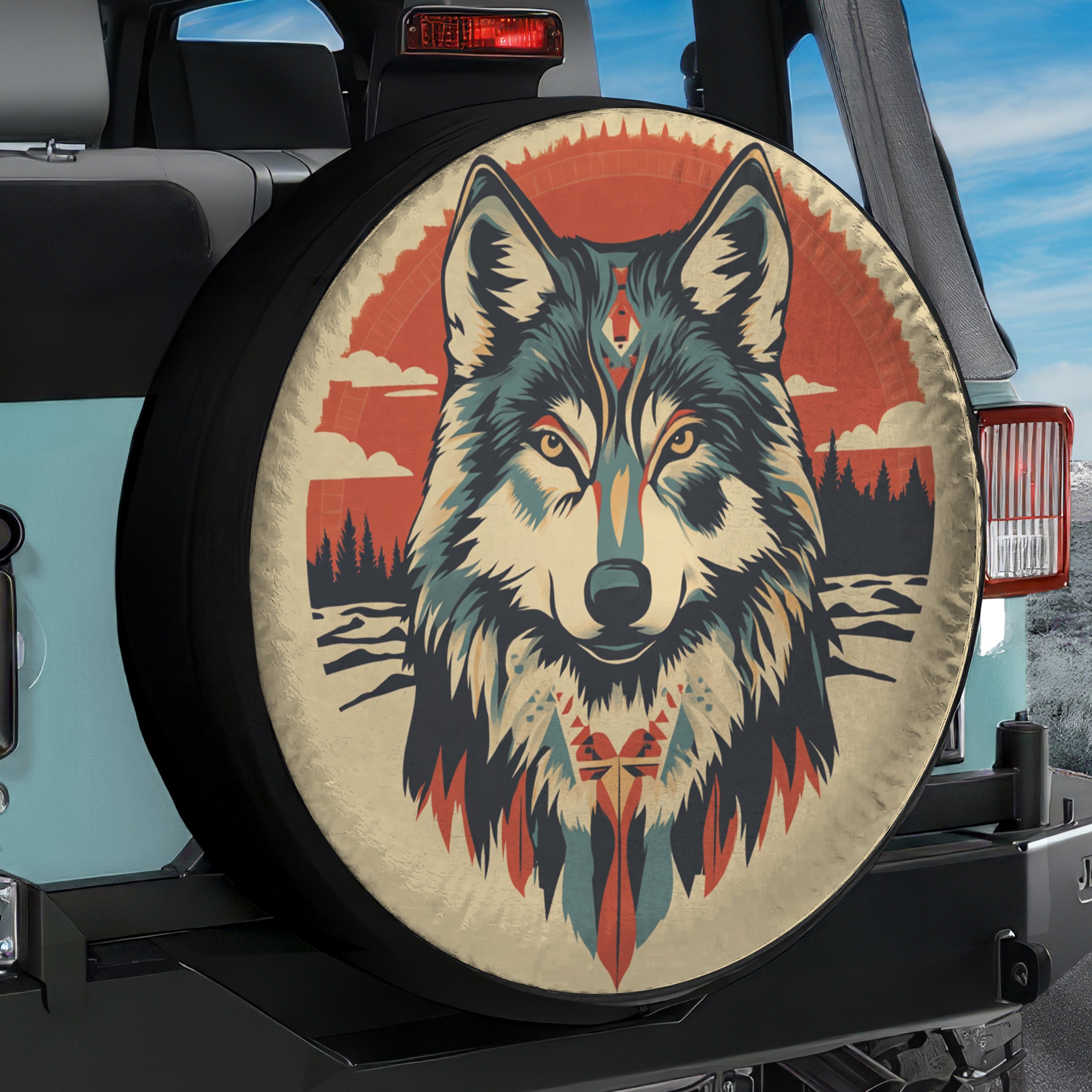 Boho Native American Wolf Jeep Car Spare Tire Cover