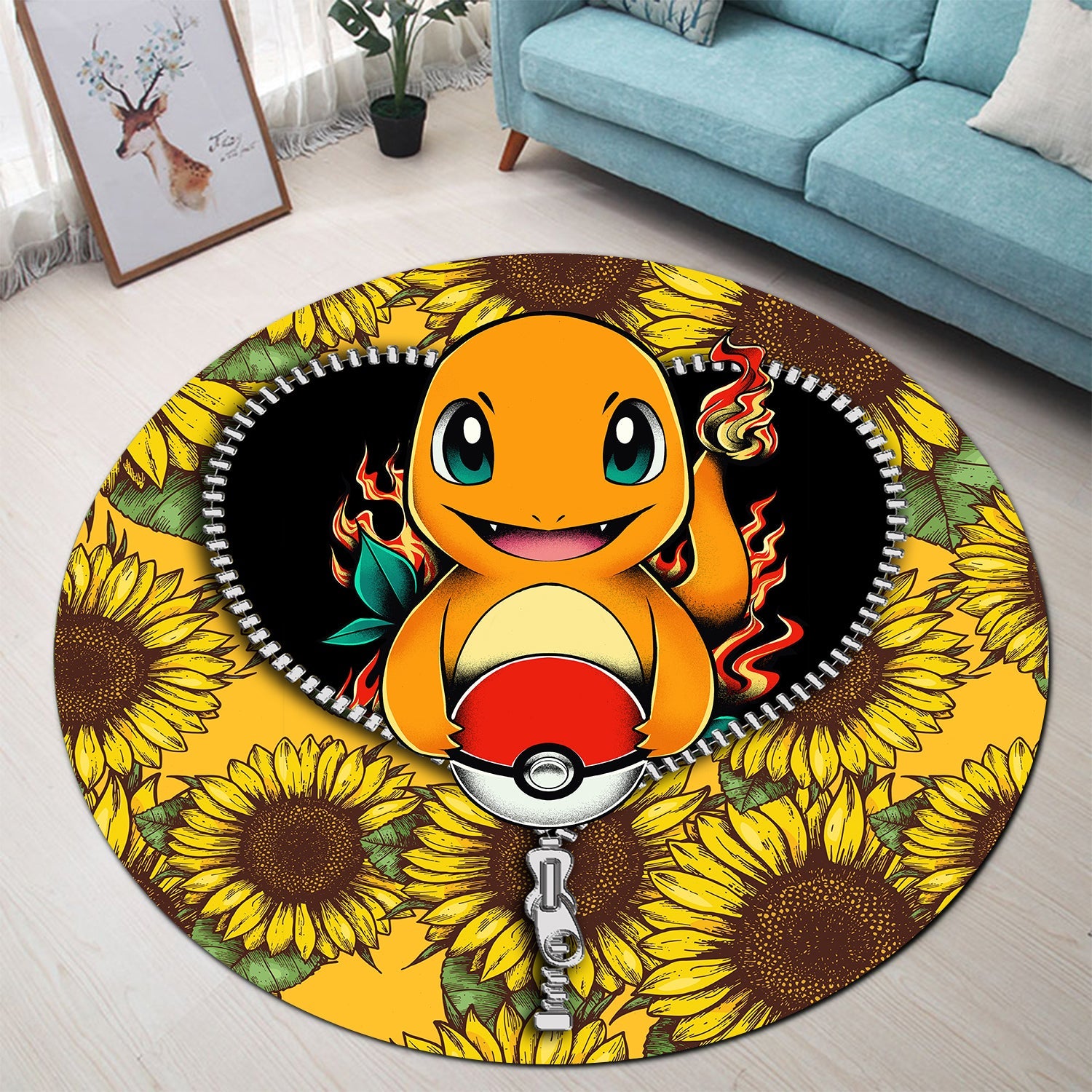 Charmander Pokemon Sunflower Zipper Round Rug