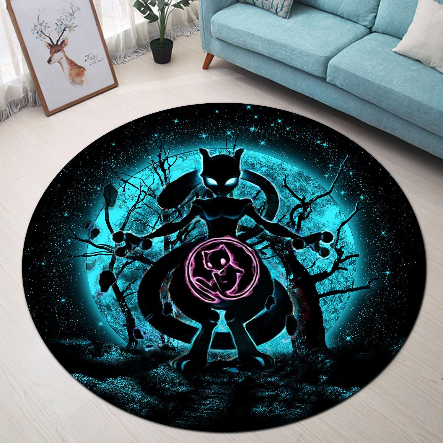 Mewtwo Pokemon Moonlight Round Rug