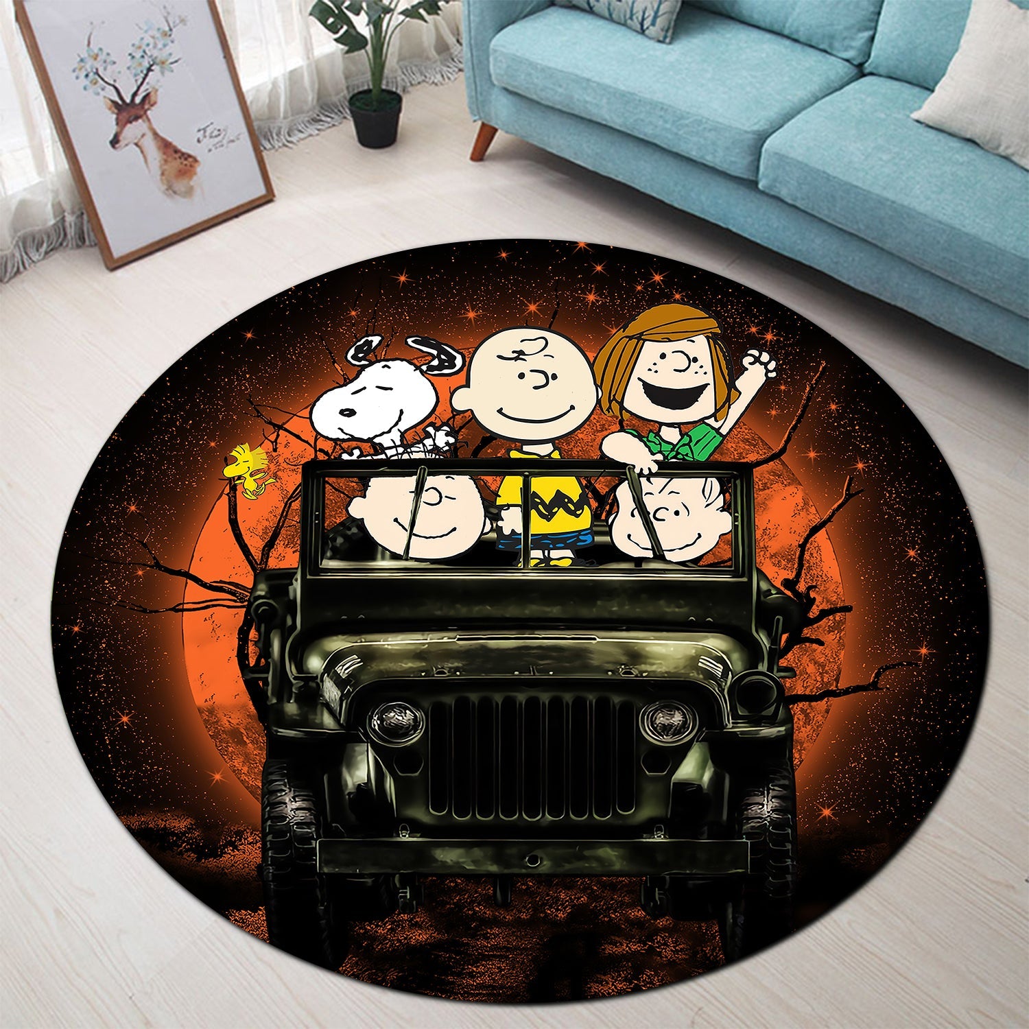 Snoopy And Friends Ride Jeep Moonlight Halloween Round Rug