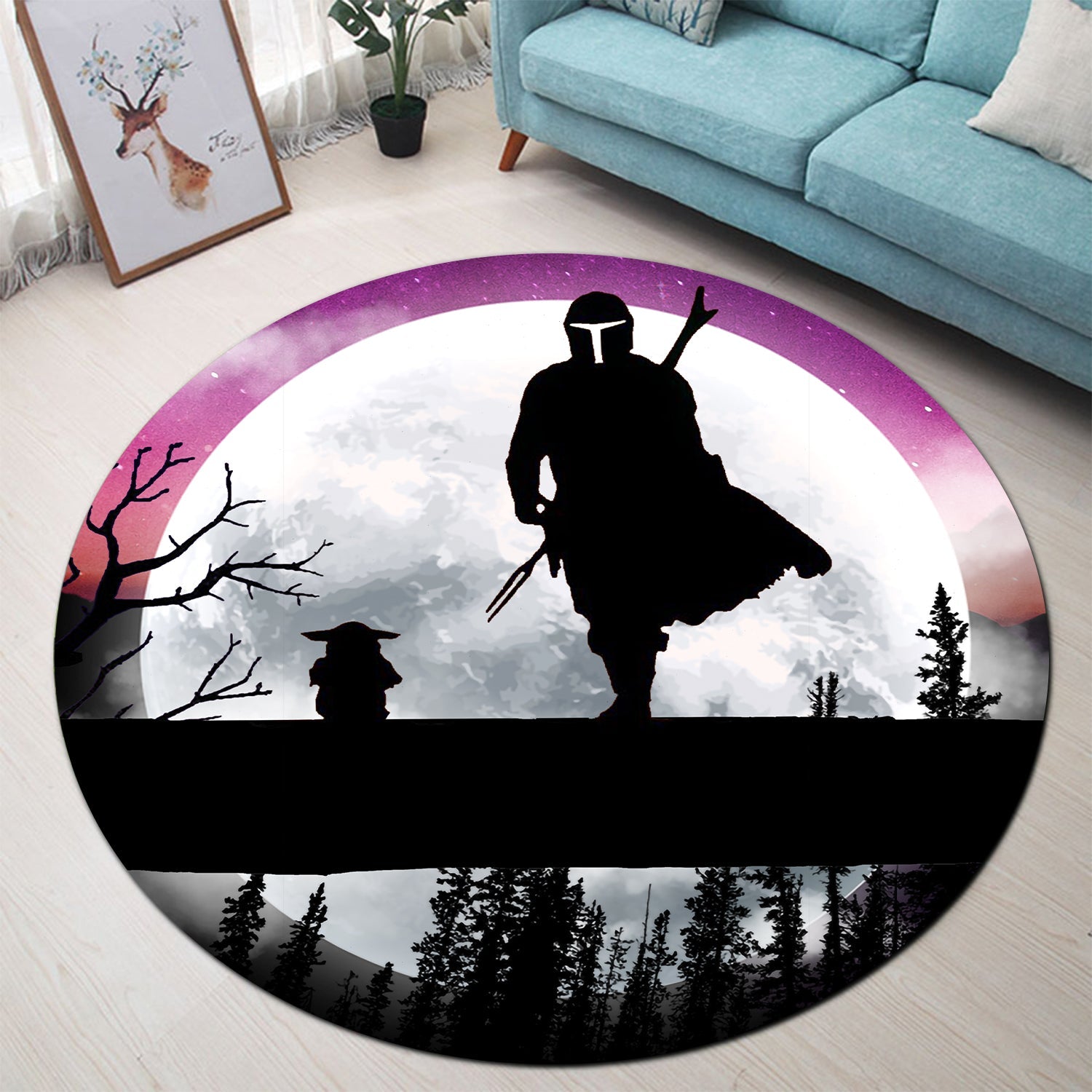 The Mandalorian And Yoda Moon Night Round Rug